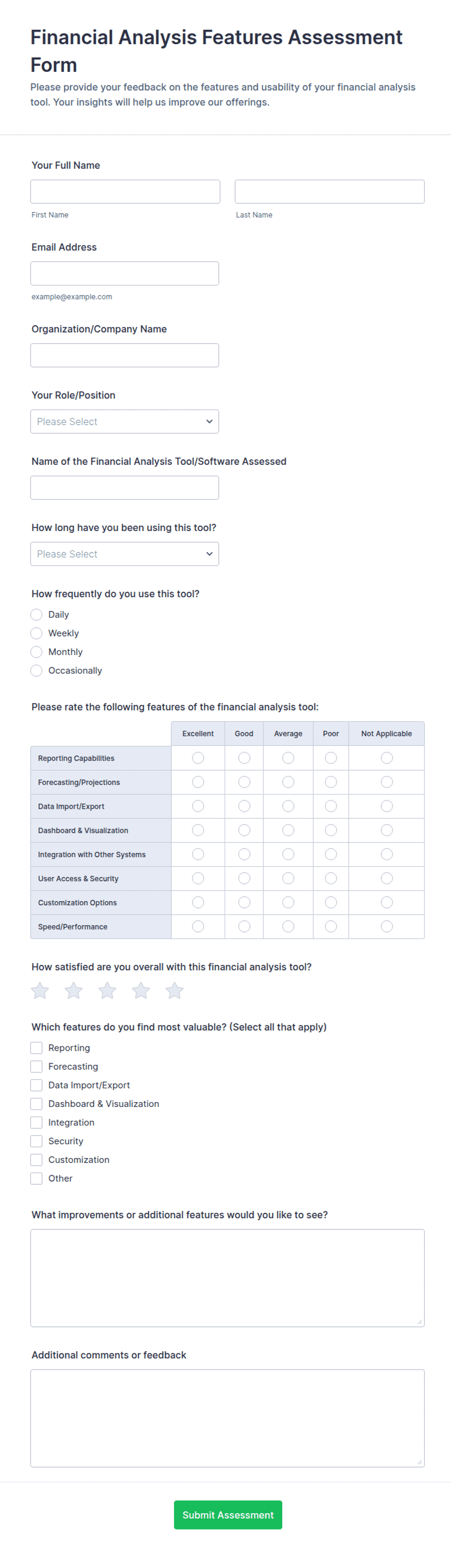 Financial Analysis Features Assessment Form Template | Jotform
