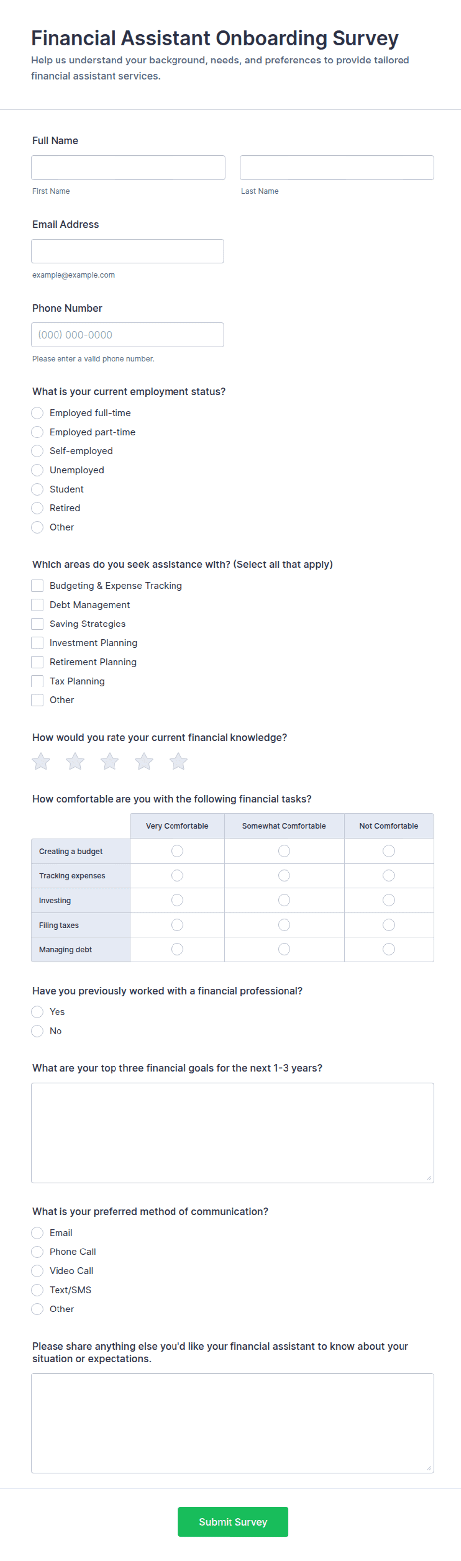Financial Assistant Onboarding Survey Form Template | Jotform