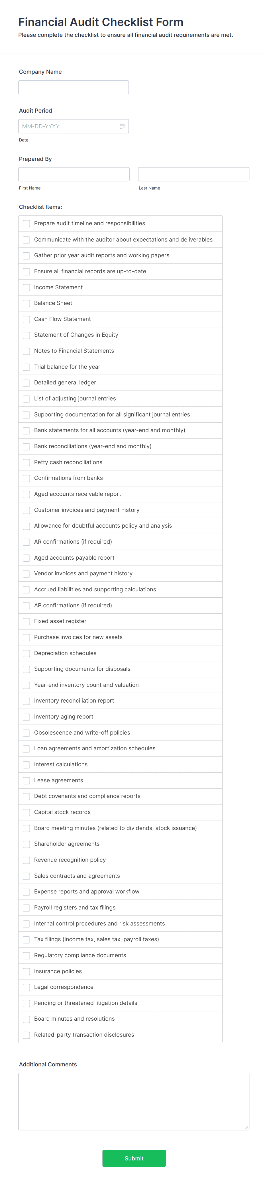 Financial Audit Checklist Form Template | Jotform