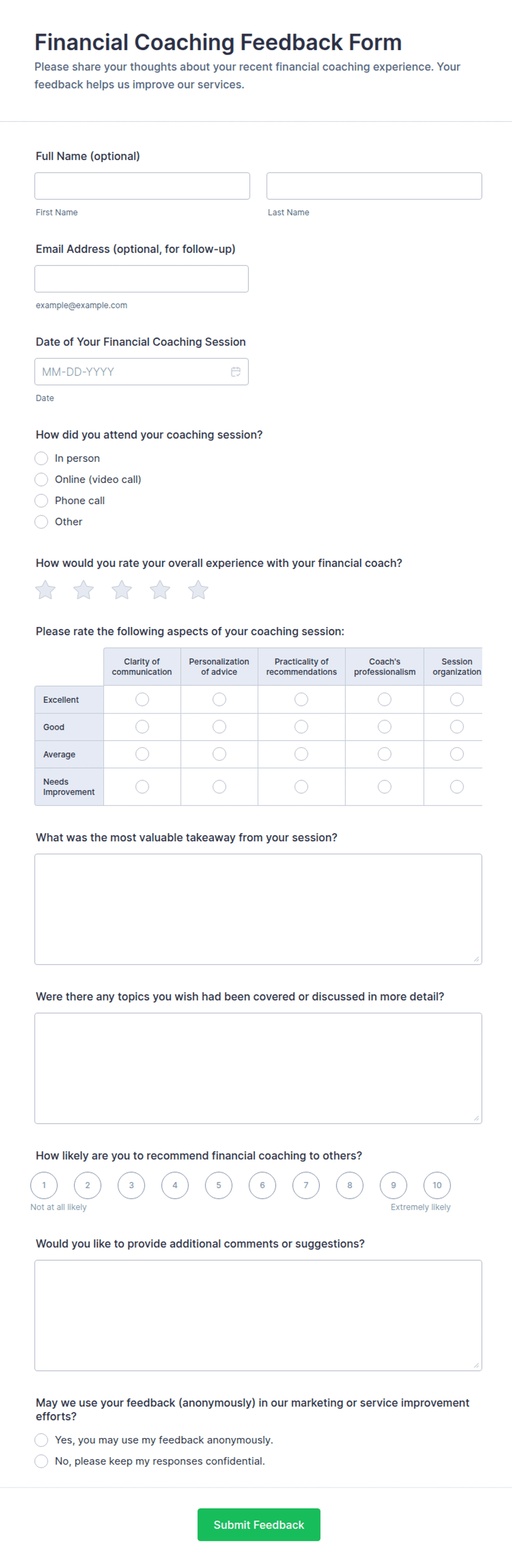Financial Coaching Feedback Form Template | Jotform