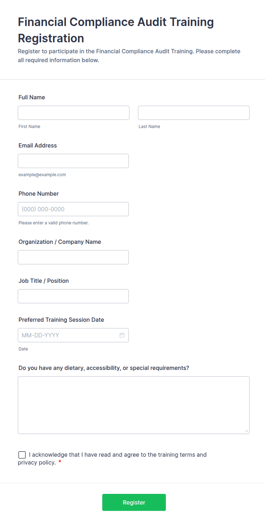 Financial Compliance Audit Training Registration Form Template | Jotform