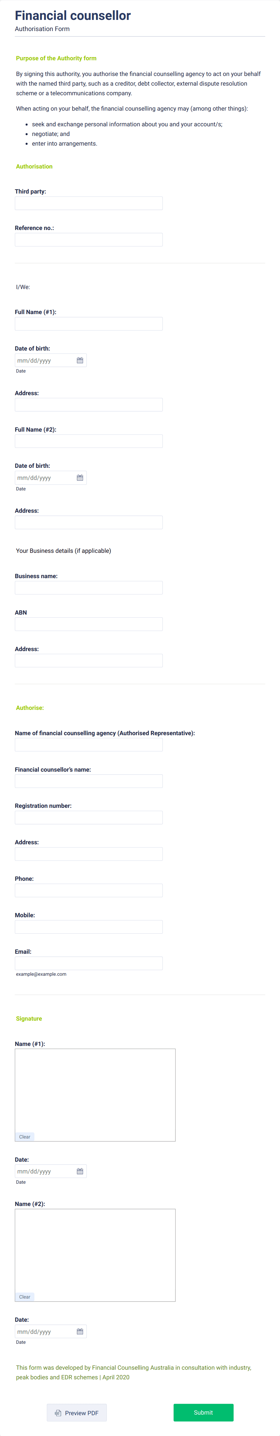 Financial Counselling Agency Authorisation Form April... Form Template ...