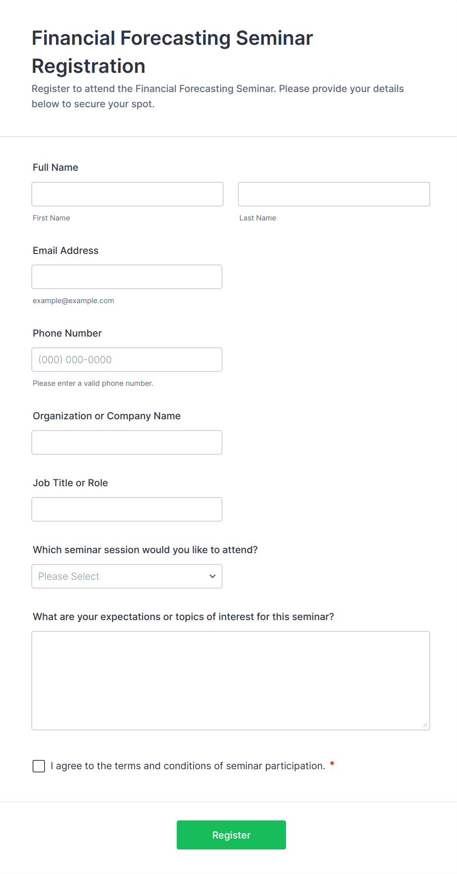 Financial Forecasting Seminar Registration Form Template | Jotform