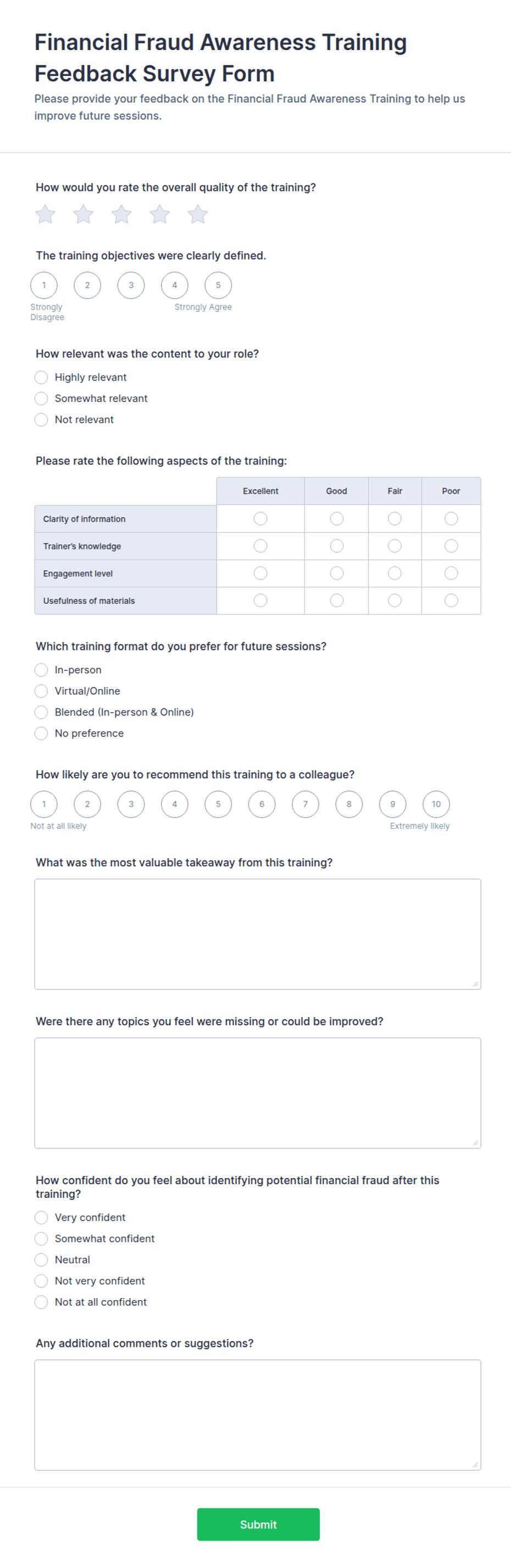 Financial Fraud Awareness Training Feedback Survey Form Template | Jotform