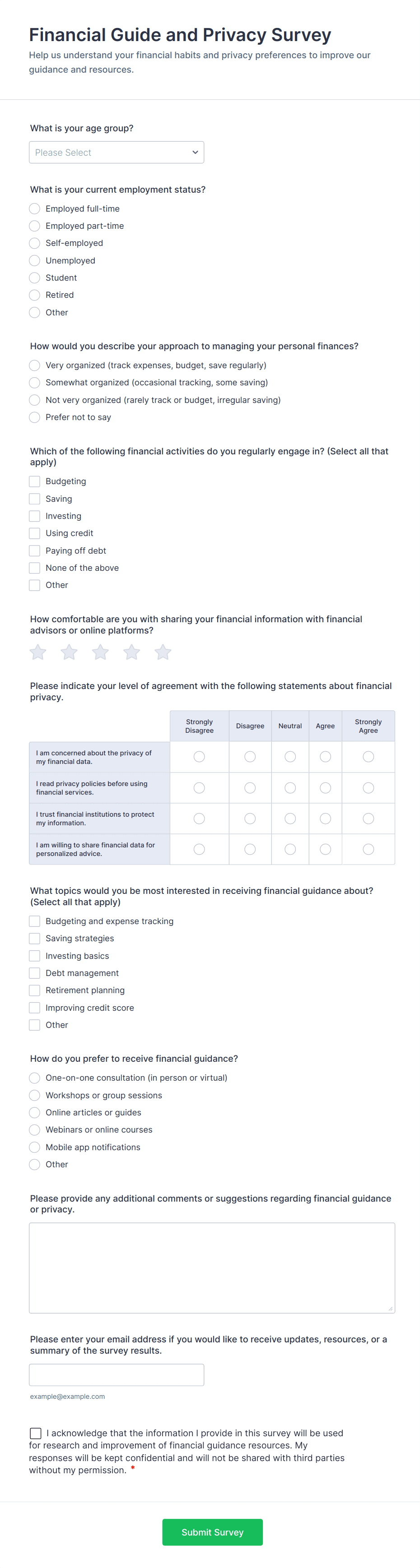 Financial Guide and Privacy Survey Form Template | Jotform
