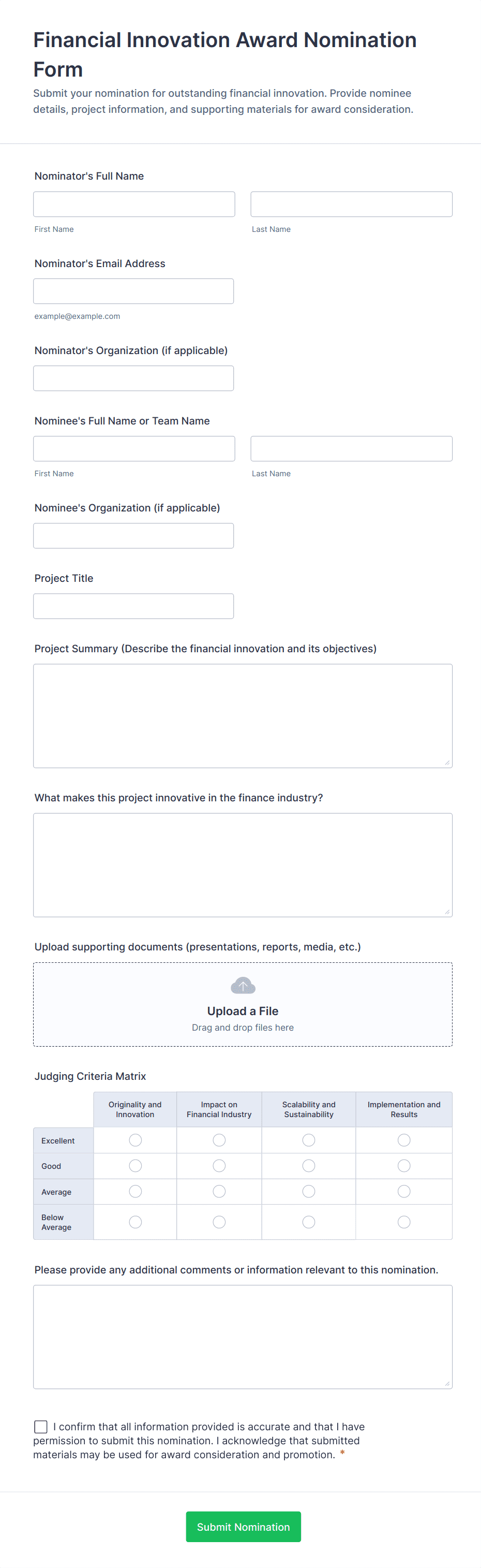 Financial Innovation Award Nomination Form Form Template | Jotform
