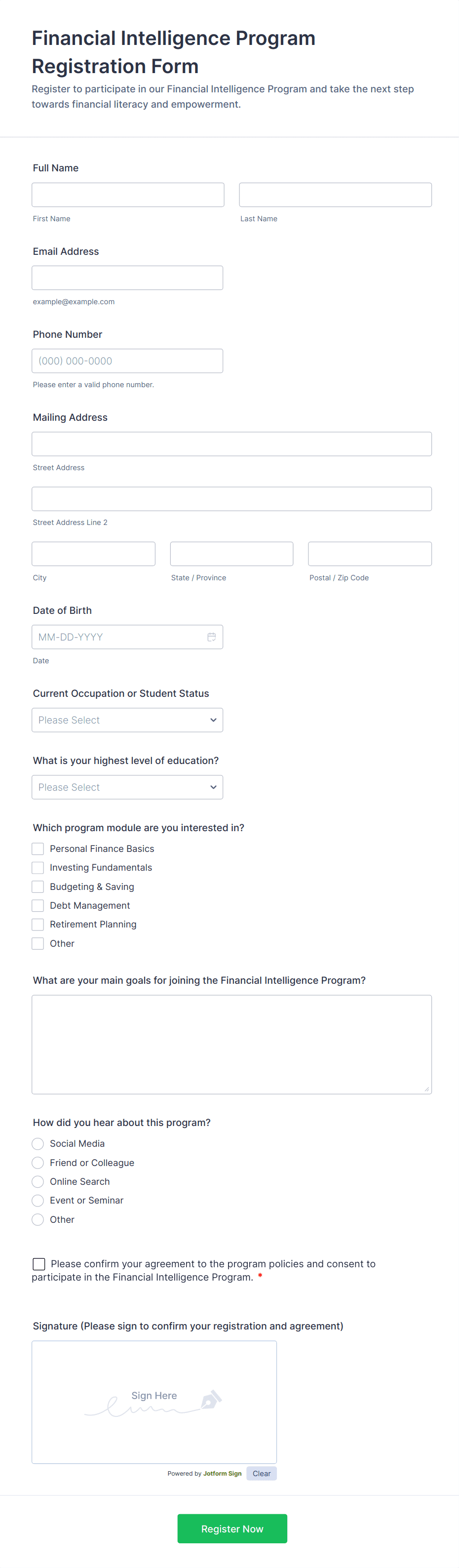 Financial Intelligence Program Registration Form Template | Jotform