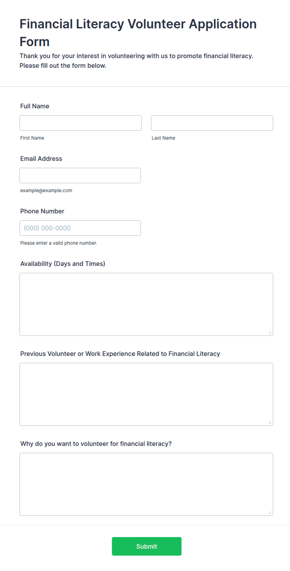 Financial Literacy Volunteer Application Form Template | Jotform