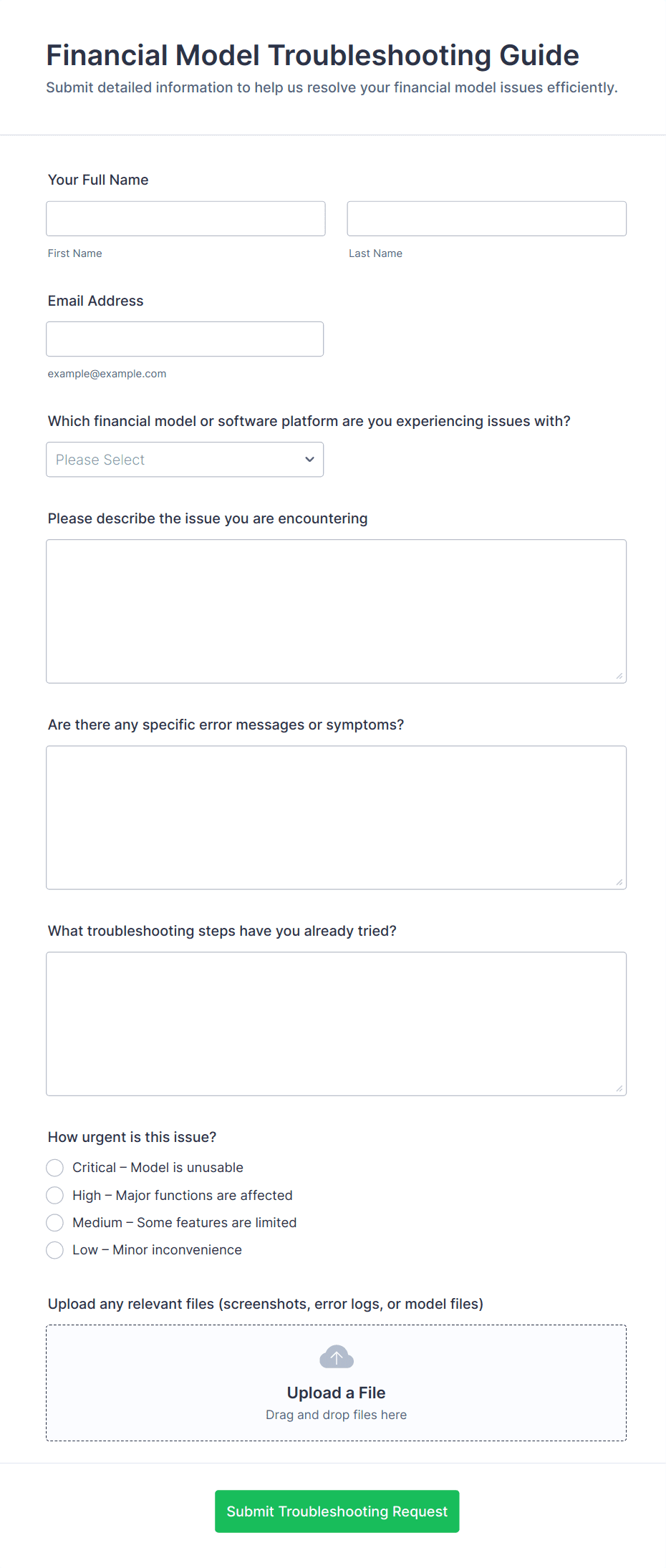 Financial Model Troubleshooting Guide Form Template | Jotform