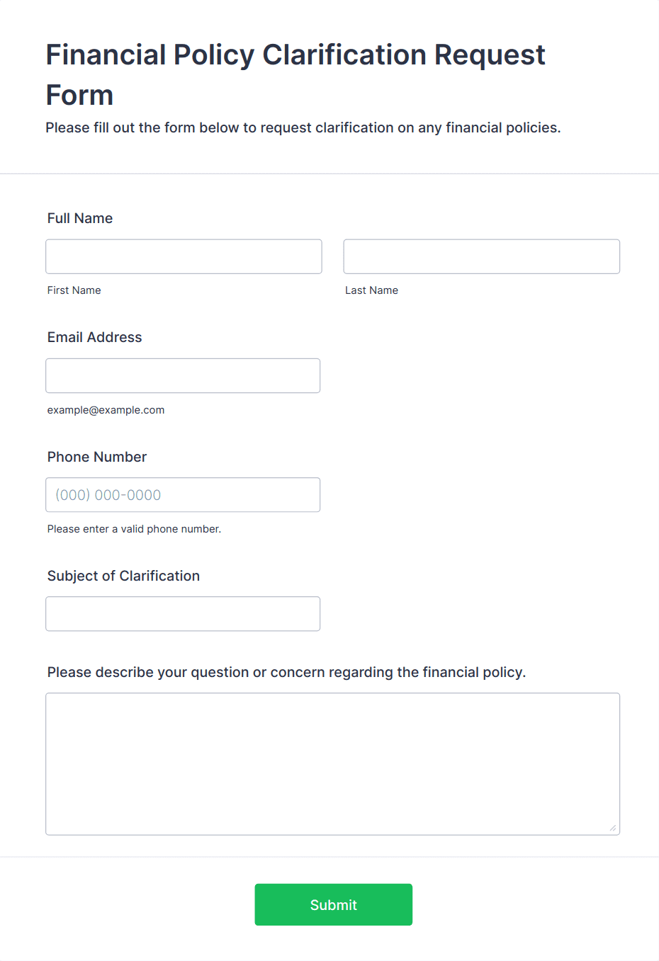 Financial Policy Clarification Request Form Template | Jotform