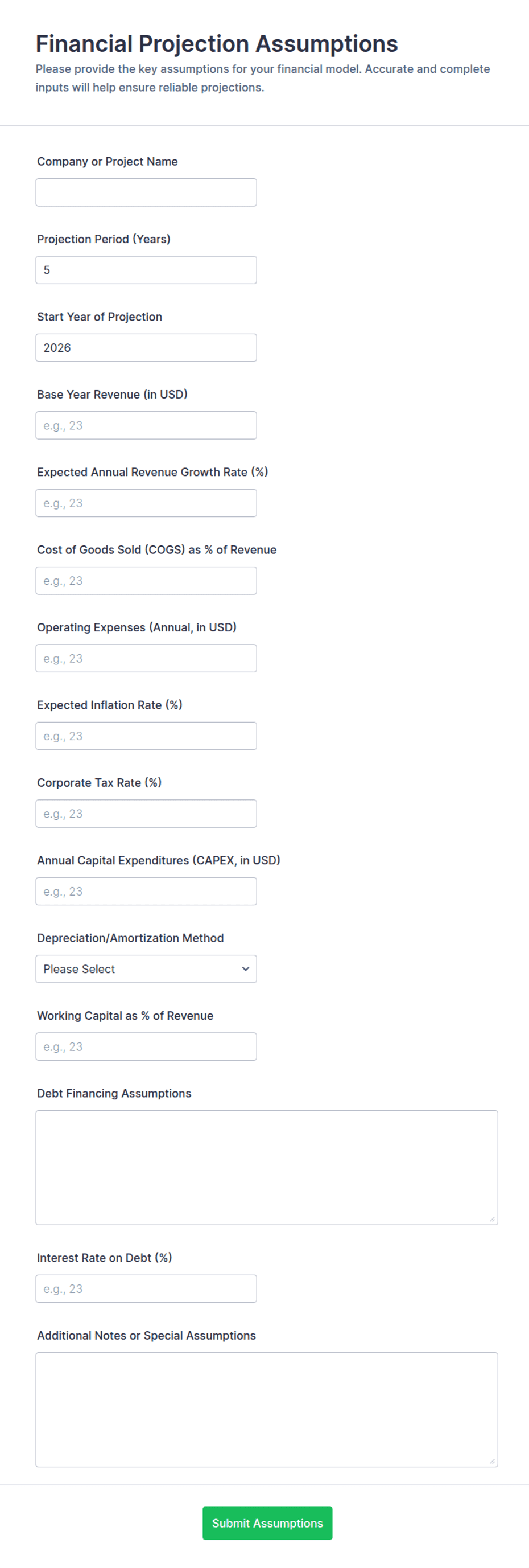 Financial Projection Assumptions Form Template | Jotform