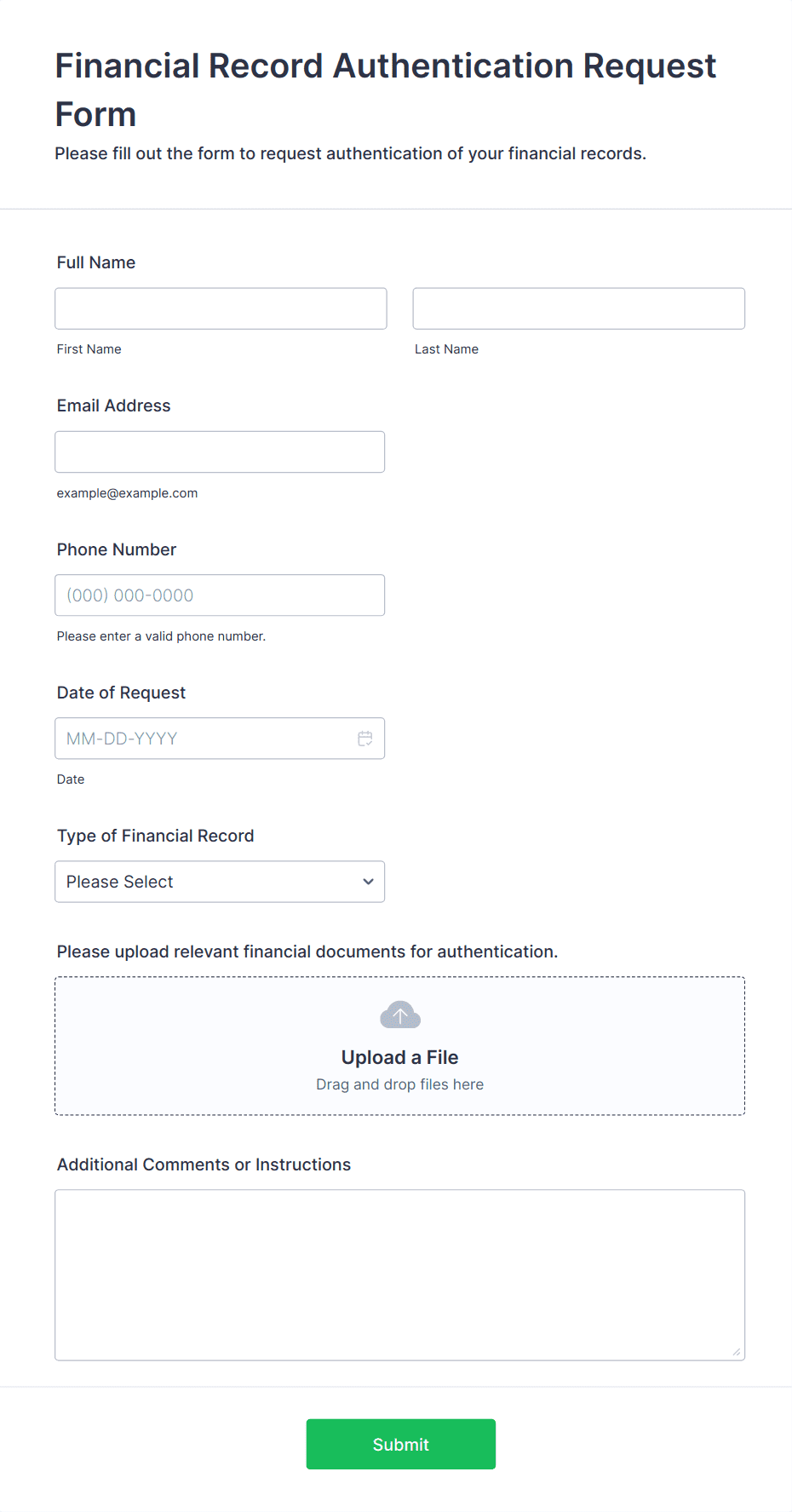 Financial Record Authentication Request Form Template | Jotform
