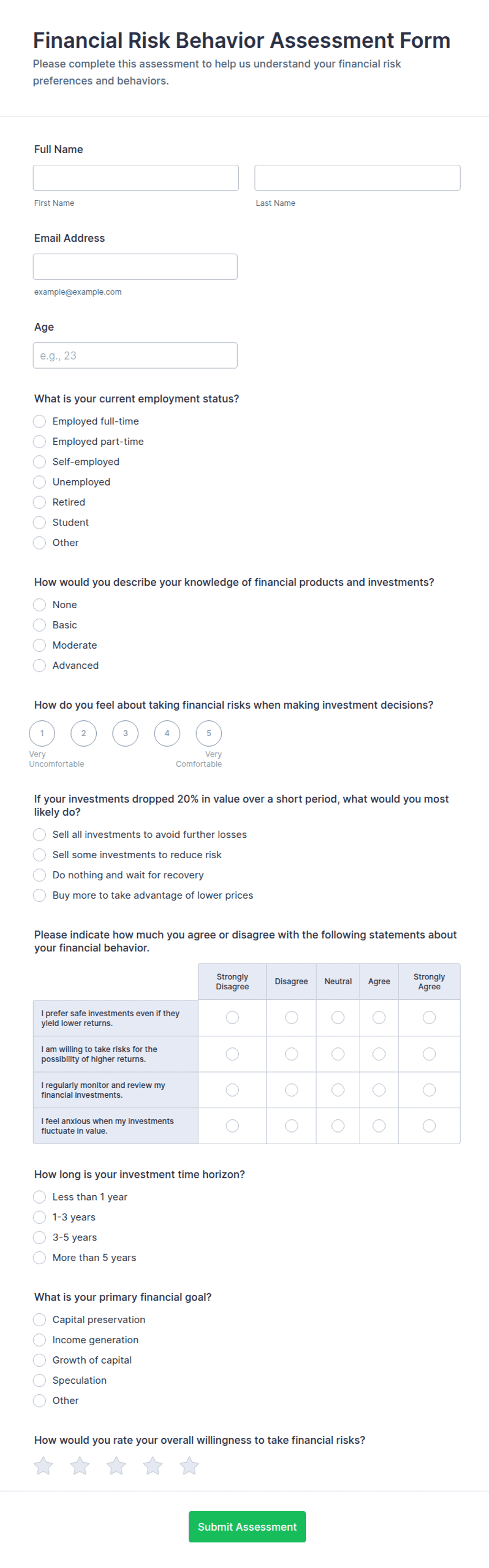 Financial Risk Behavior Assessment Form Template | Jotform