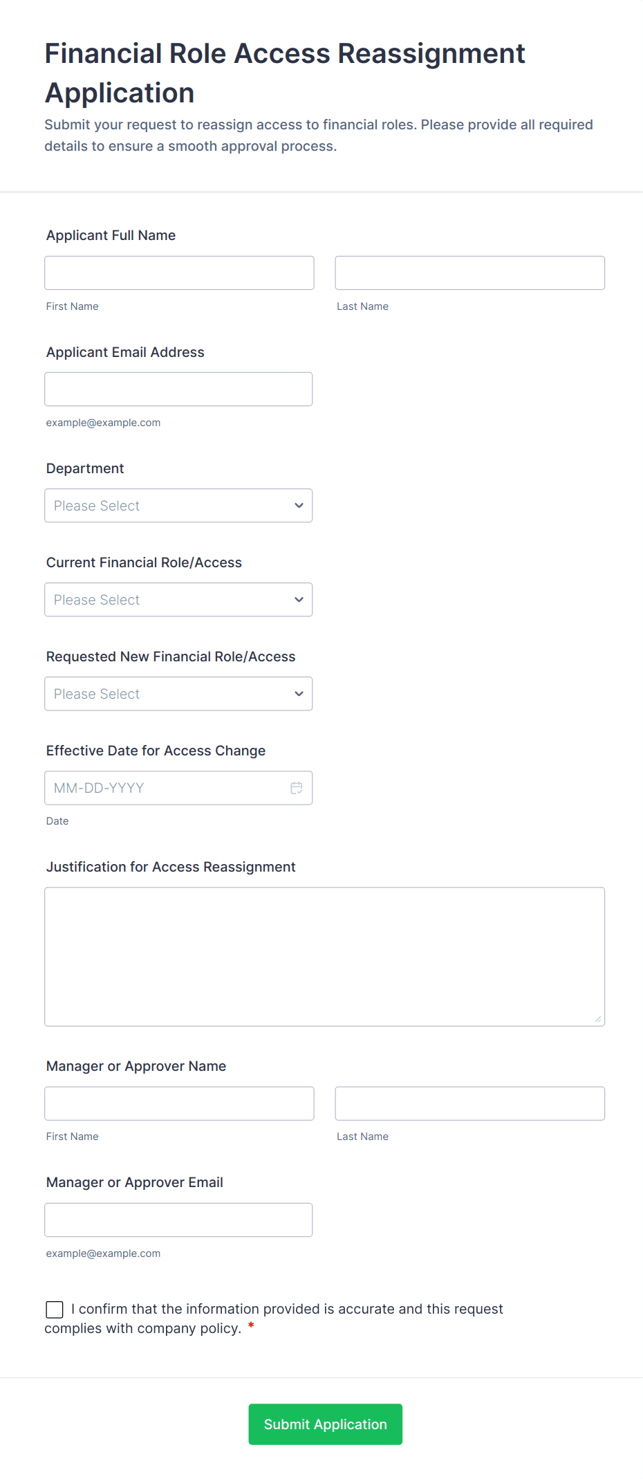 Financial Role Access Reassignment Application Form Template | Jotform