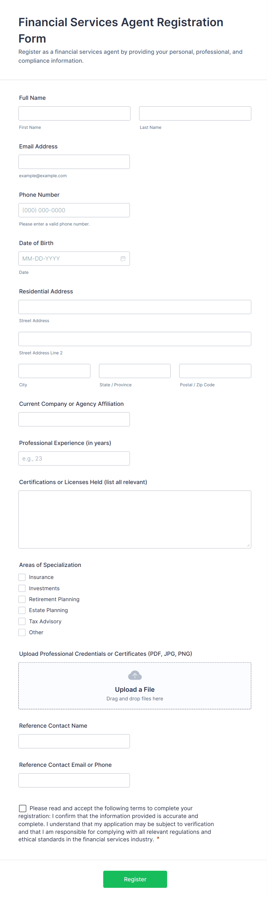 Financial Services Agent Registration Form Template | Jotform