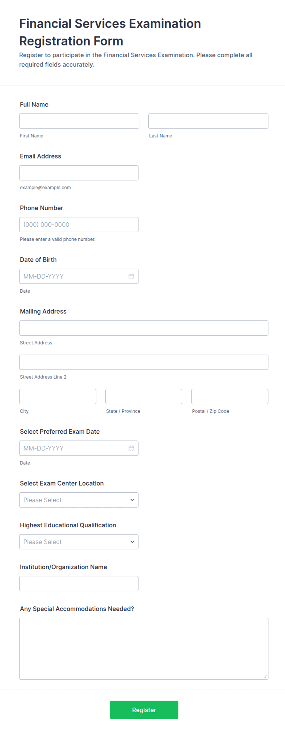 Financial Services Examination Registration Form Template | Jotform