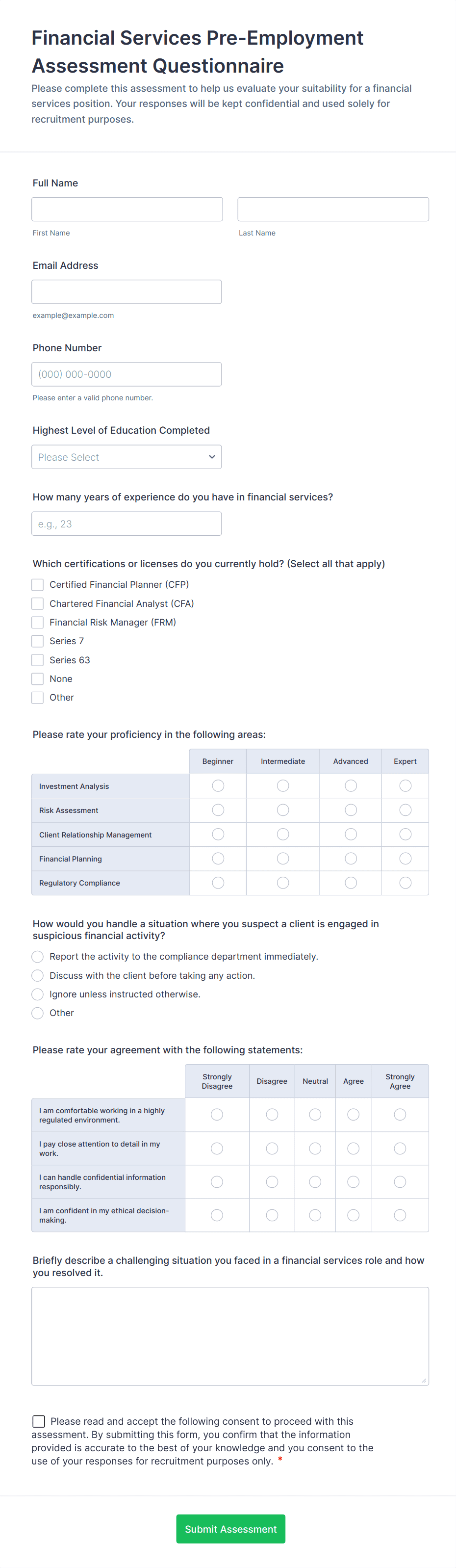 Financial Services Pre-Employment Assessment Questionnaire Form ...
