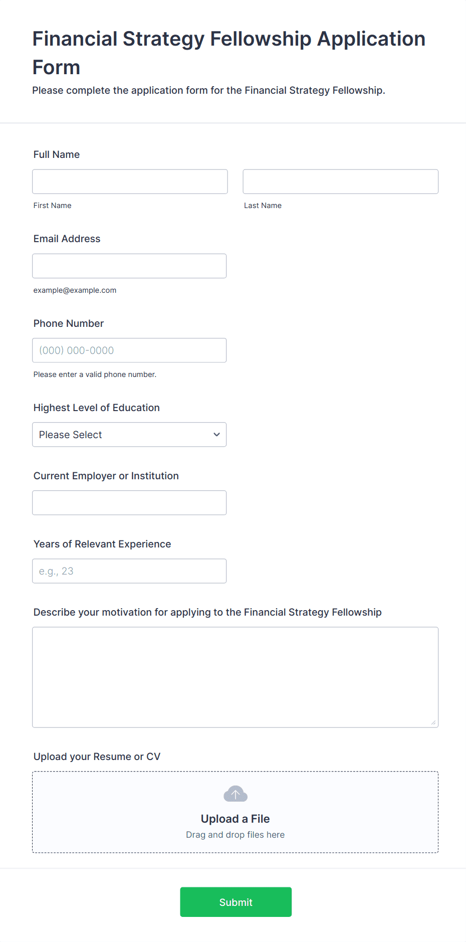 Financial Strategy Fellowship Application Form Template | Jotform