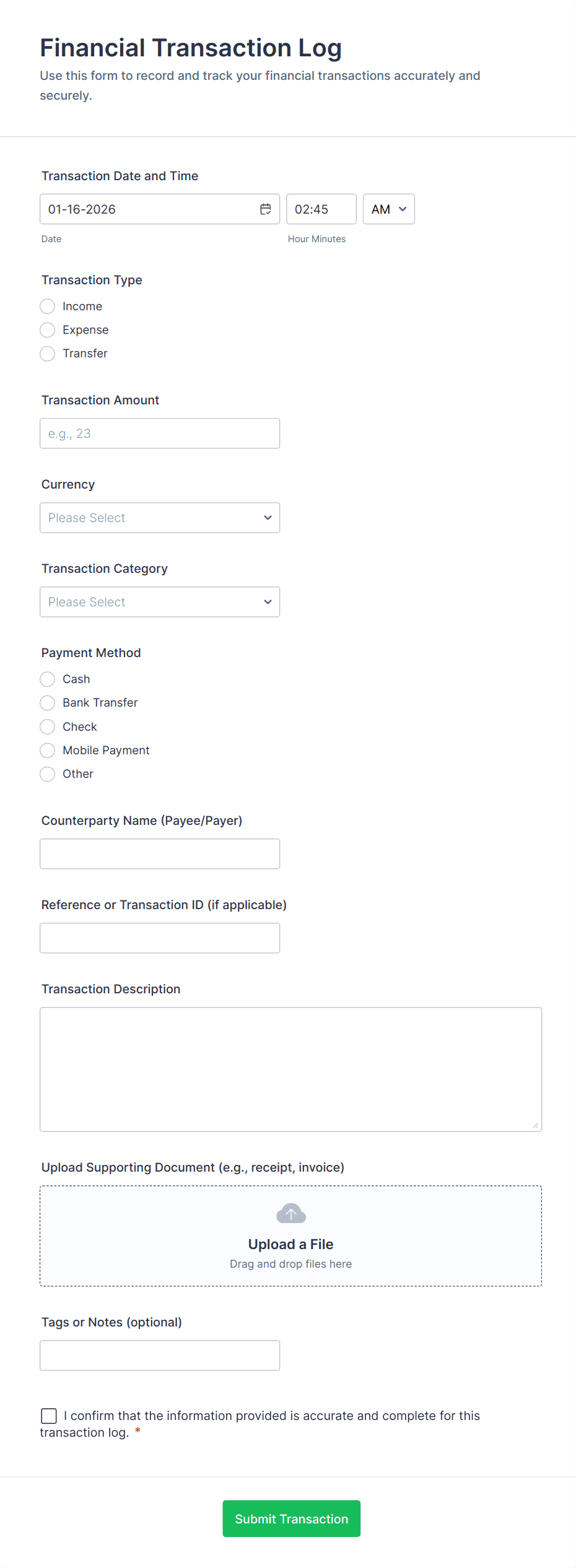 Financial Transaction Log Form Template | Jotform