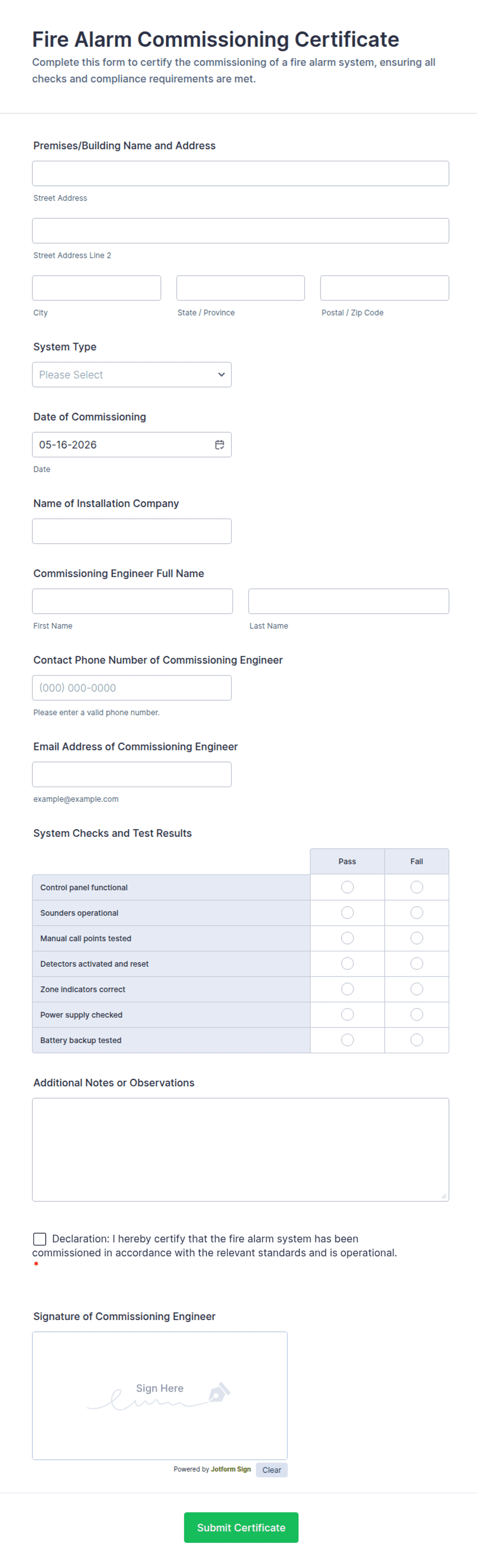 Fire Alarm Commissioning Certificate Form Template | Jotform