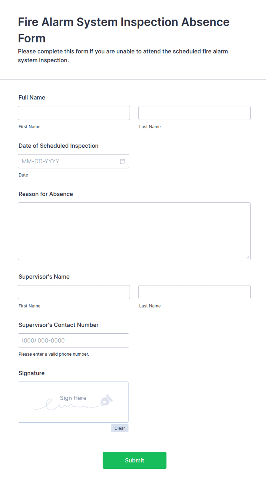Fire Alarm System Inspection Absence Form Template | Jotform