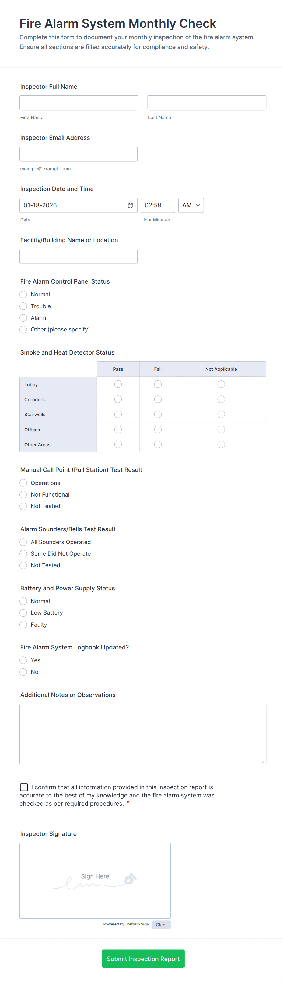 Fire Alarm System Monthly Check Form Template | Jotform