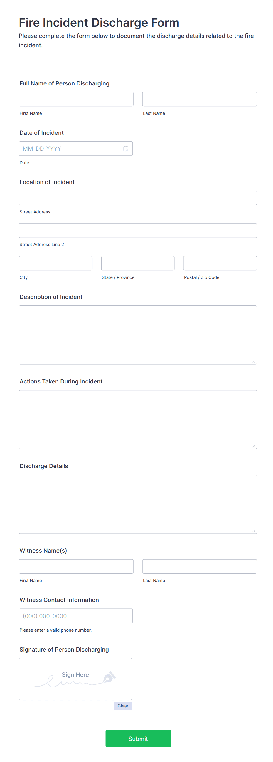 Fire Incident Discharge Form Template | Jotform