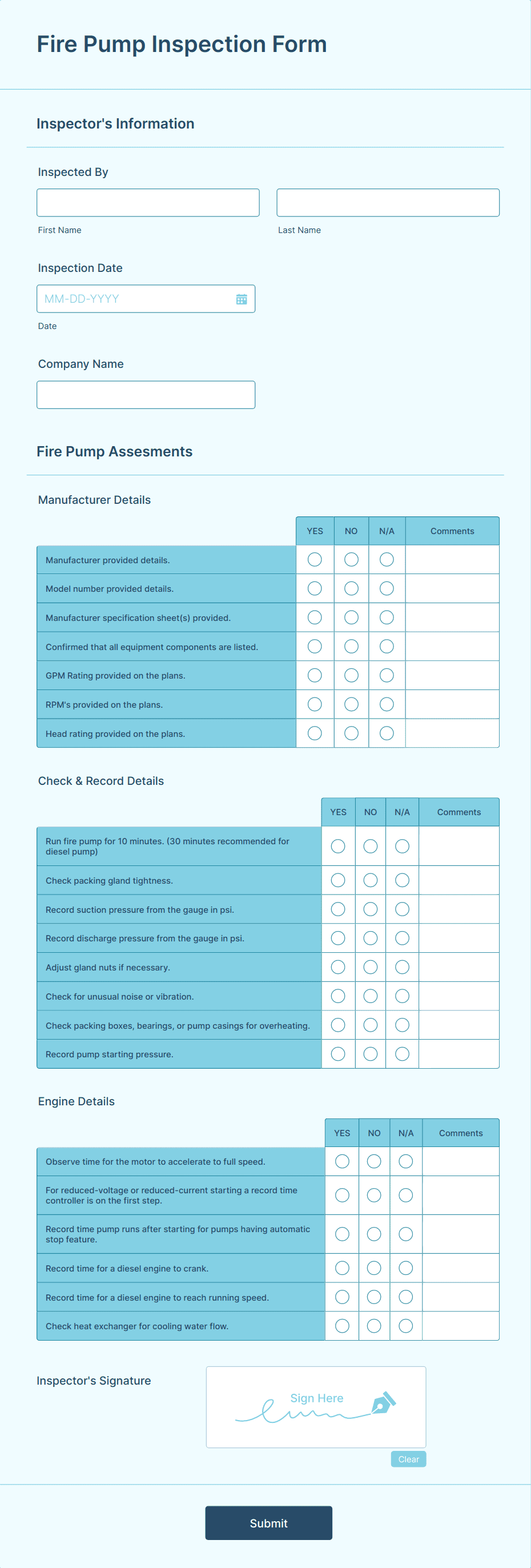 Fire Pump Inspection Form Template | Jotform