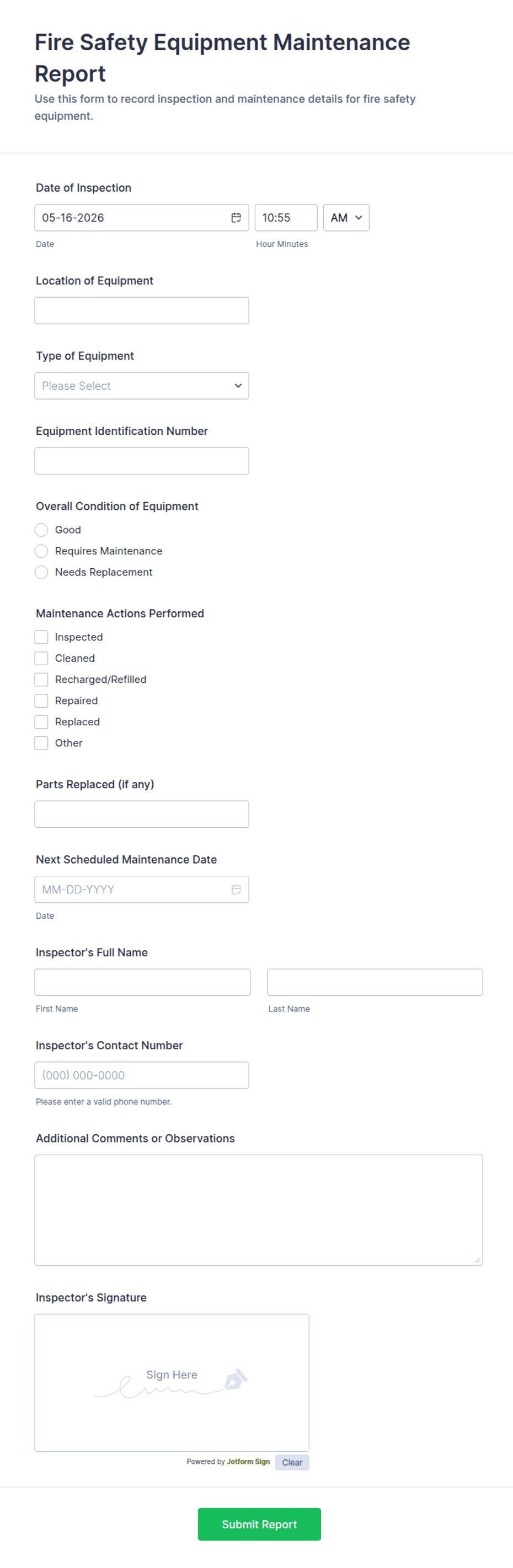 Fire Safety Equipment Maintenance Report Form Template | Jotform