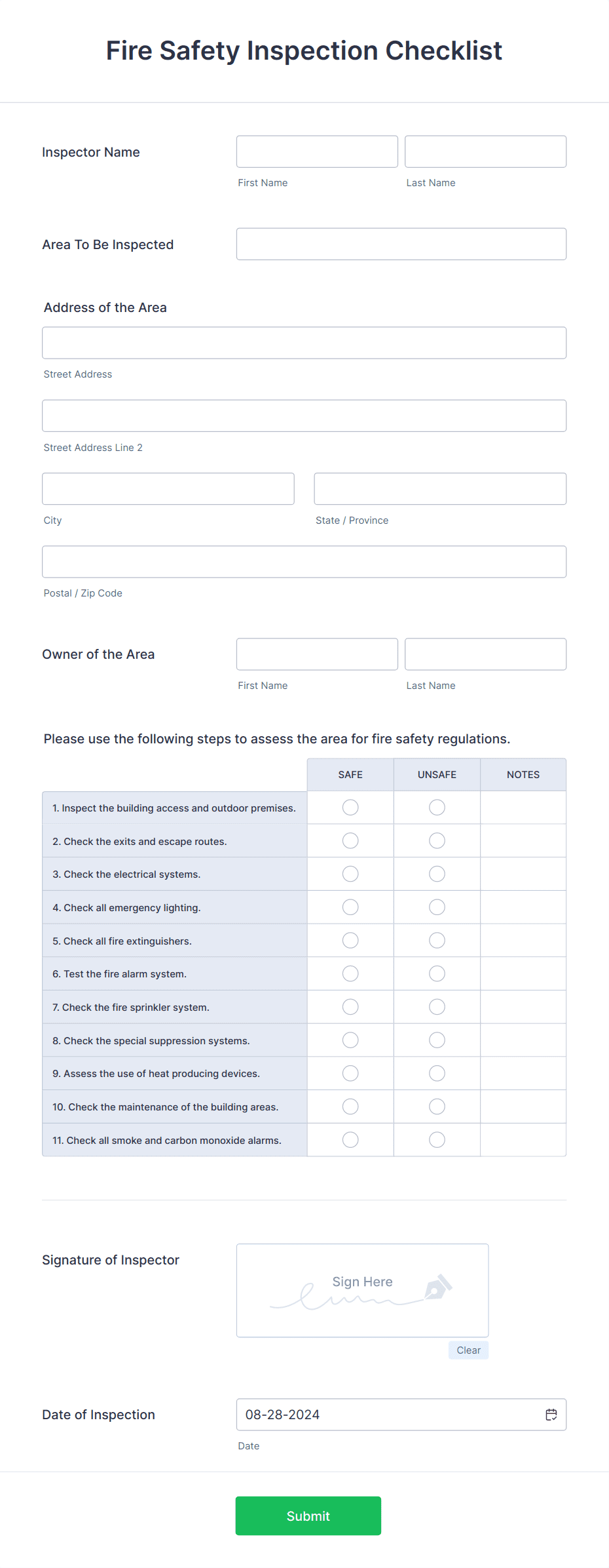 Fire Safety Inspection Checklist Form Template | Jotform