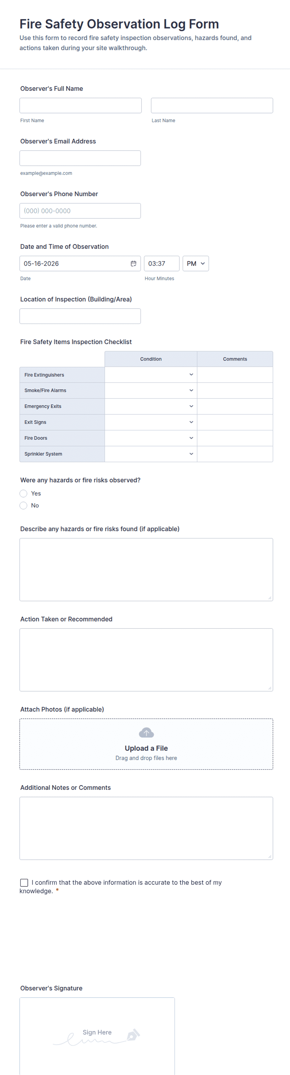 Fire Safety Observation Log Form Template | Jotform