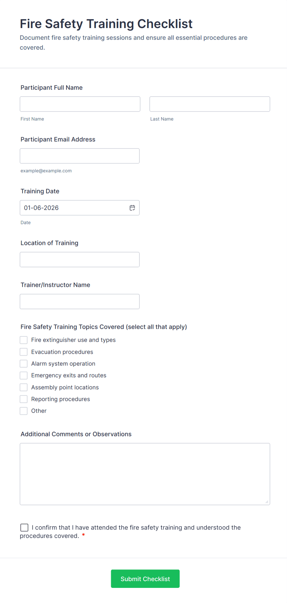 Fire Safety Training Checklist Form Template | Jotform