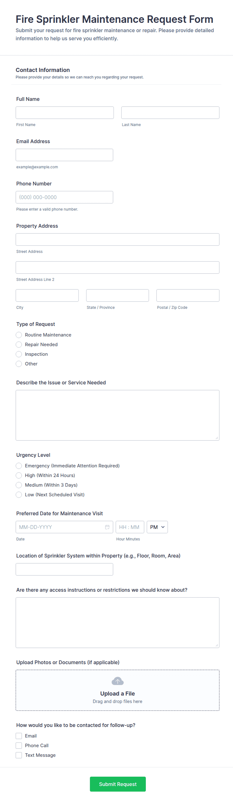 Fire Sprinkler Maintenance Request Form Template | Jotform