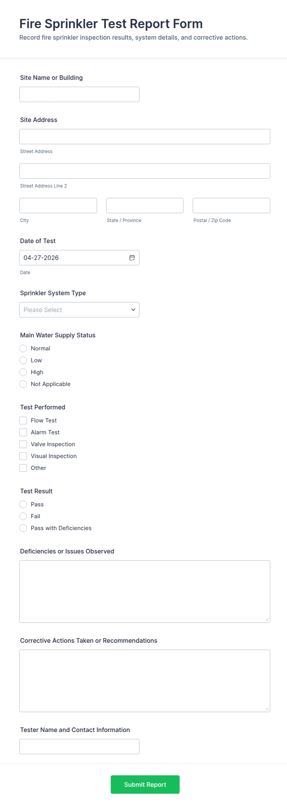 Fire Sprinkler Test Report Form Template | Jotform