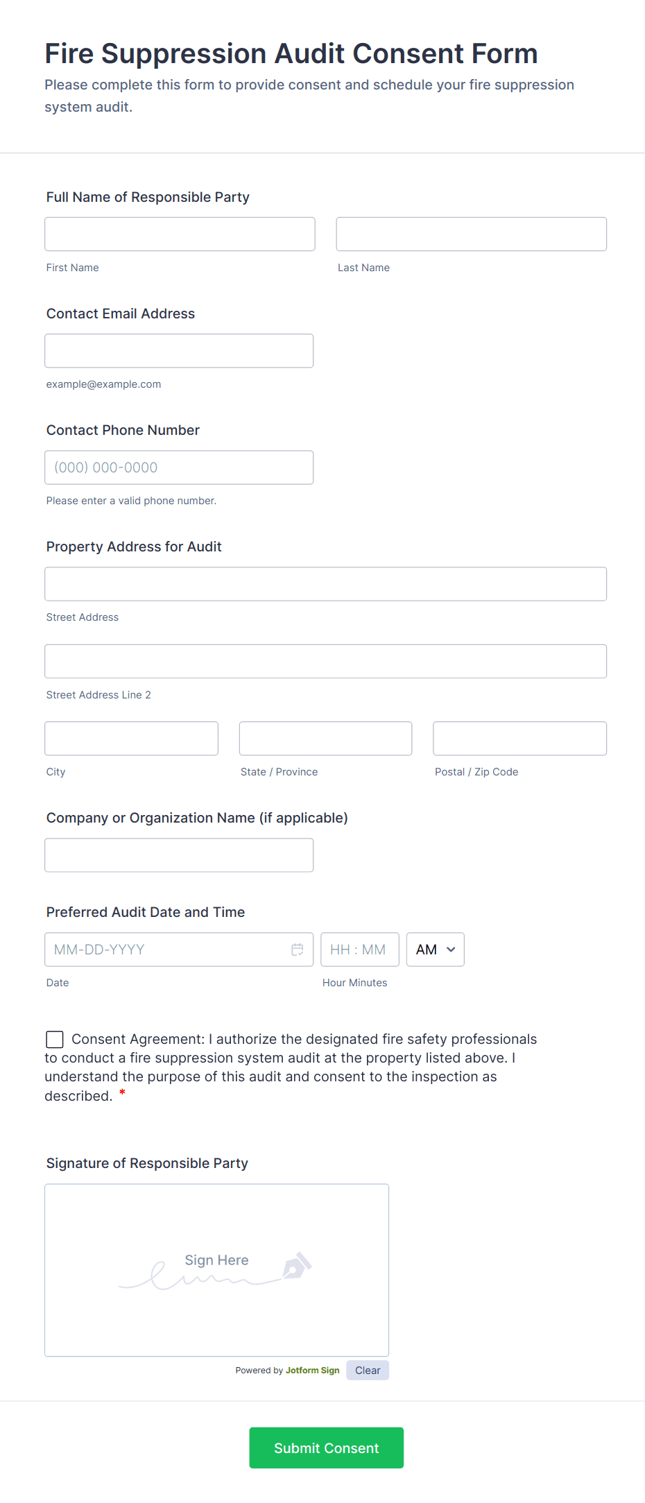 Fire Suppression Audit Consent Form Template | Jotform