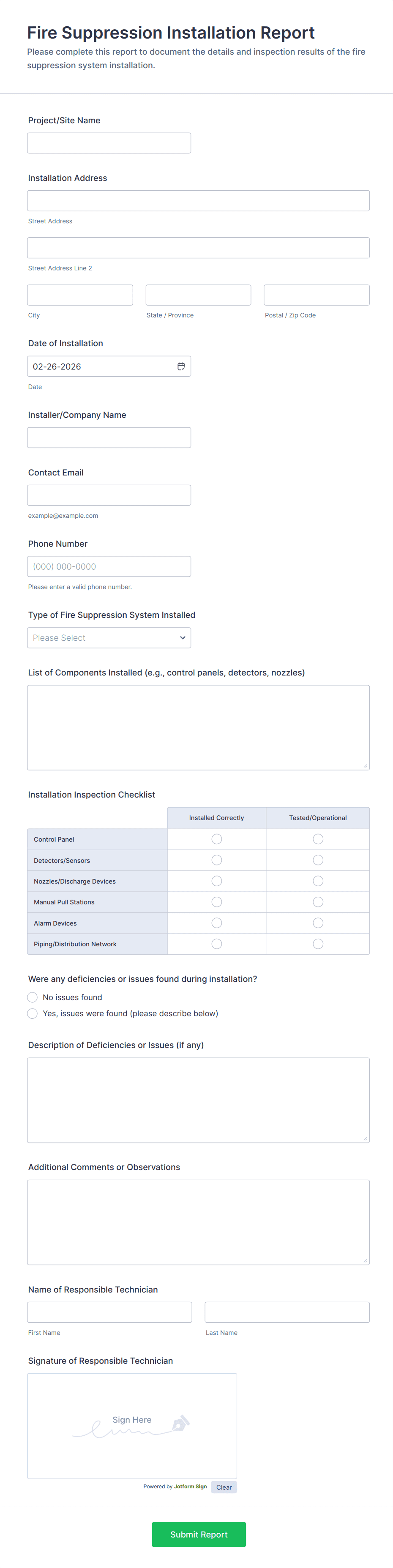 Fire Suppression Installation Report Form Template | Jotform
