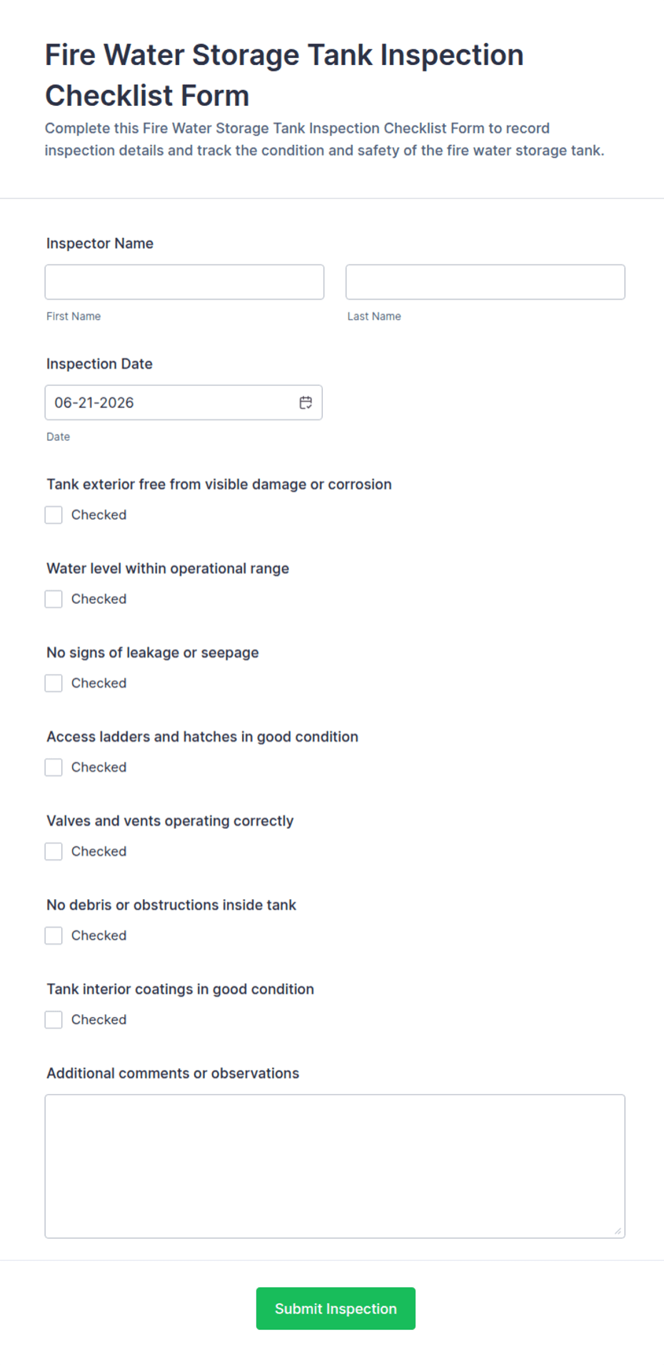 Fire Water Storage Tank Inspection Checklist Form Template | Jotform