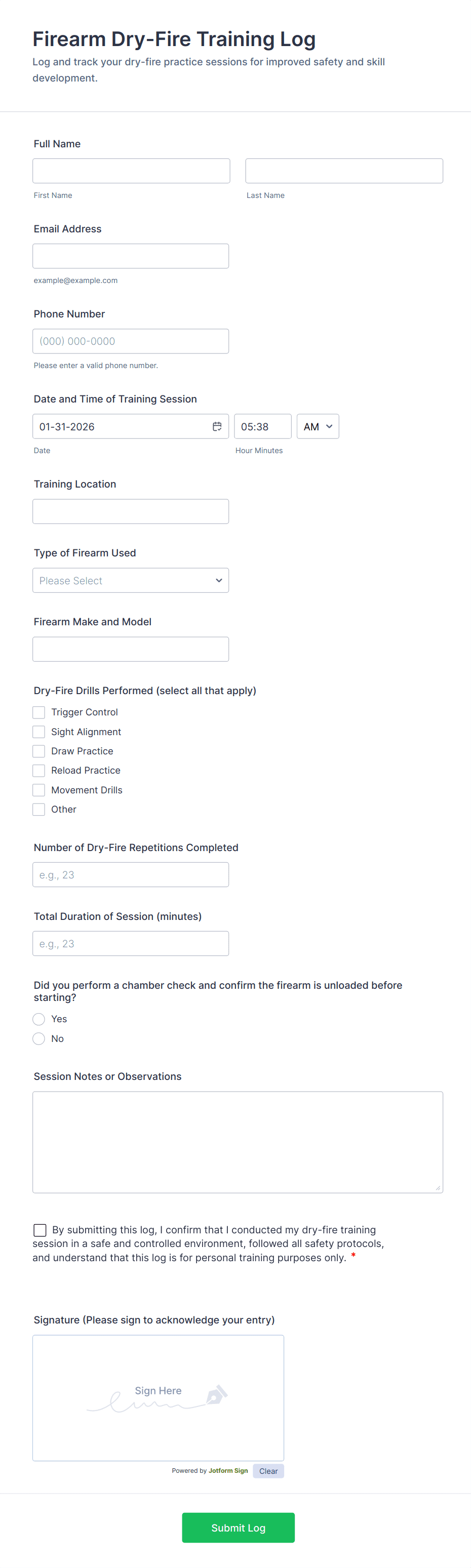 Firearm Dry-Fire Training Log Form Template | Jotform