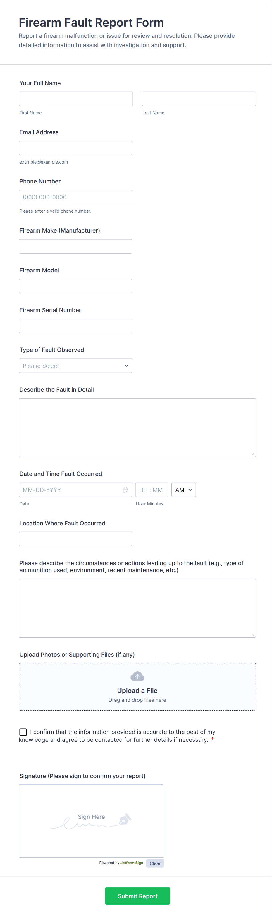 Firearm Fault Report Form | Jotform