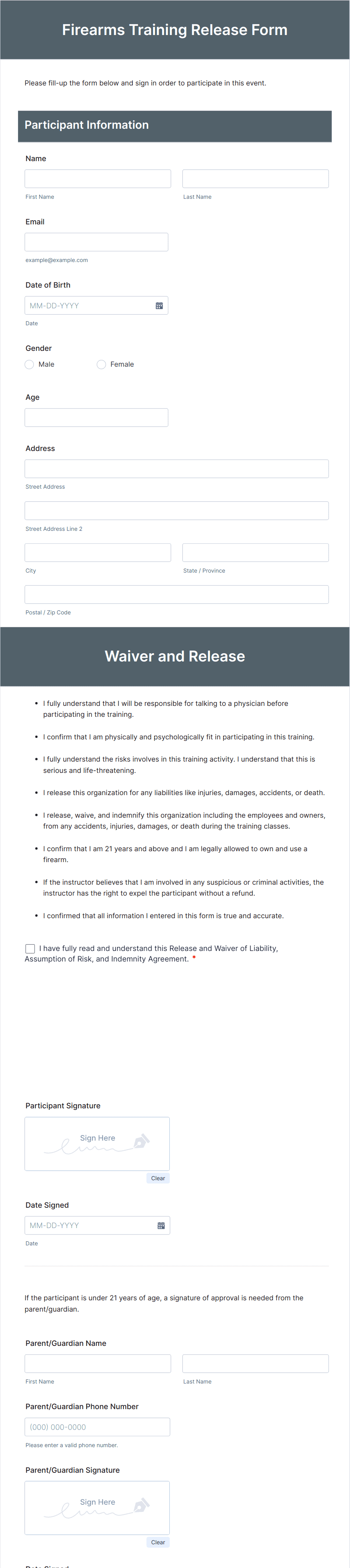 Firearms Training Release Form Template | Jotform
