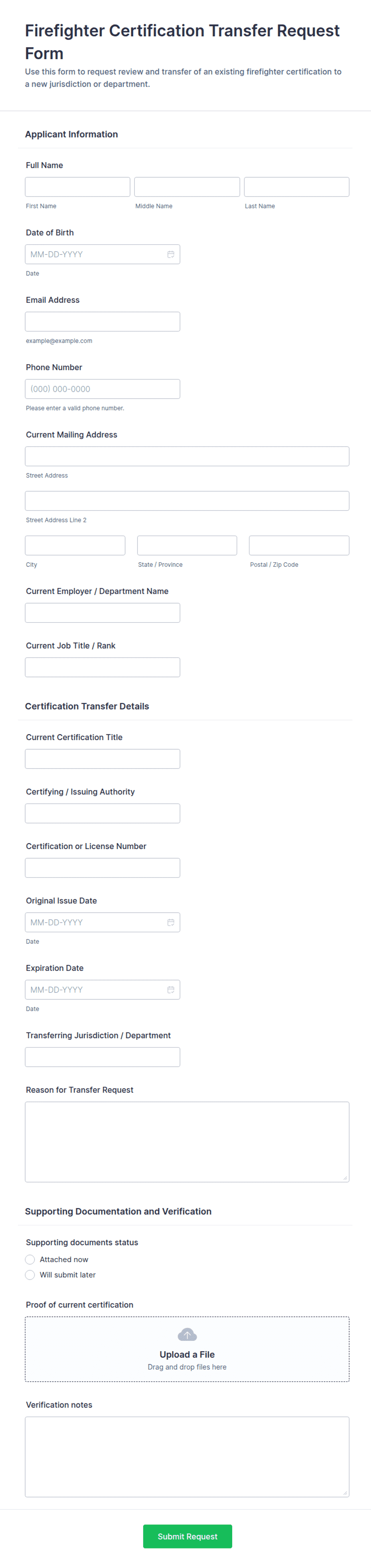 Firefighter Certification Transfer Request Form Template | Jotform
