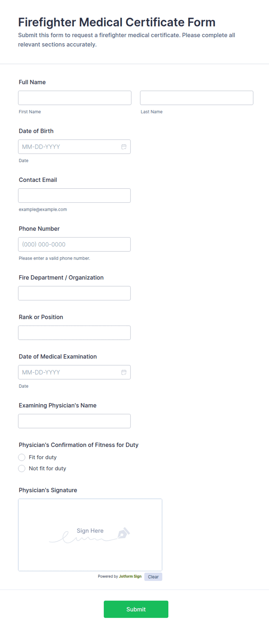 Firefighter Medical Certificate Form Template | Jotform