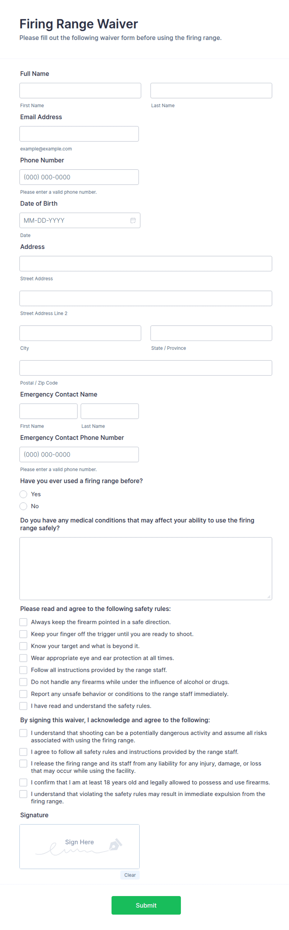 Firing Range Waiver Form Template | Jotform