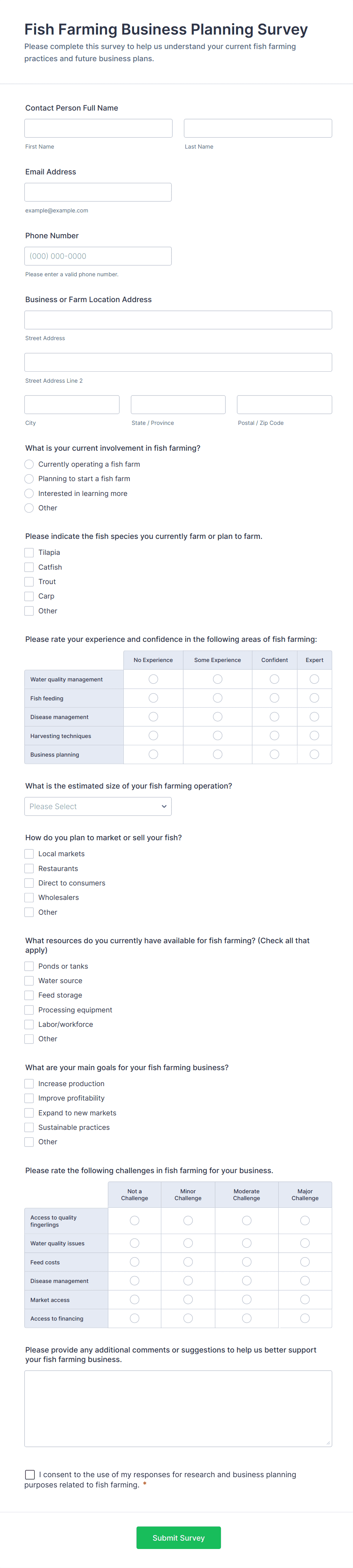 Fish Farming Business Planning Survey Form Template | Jotform