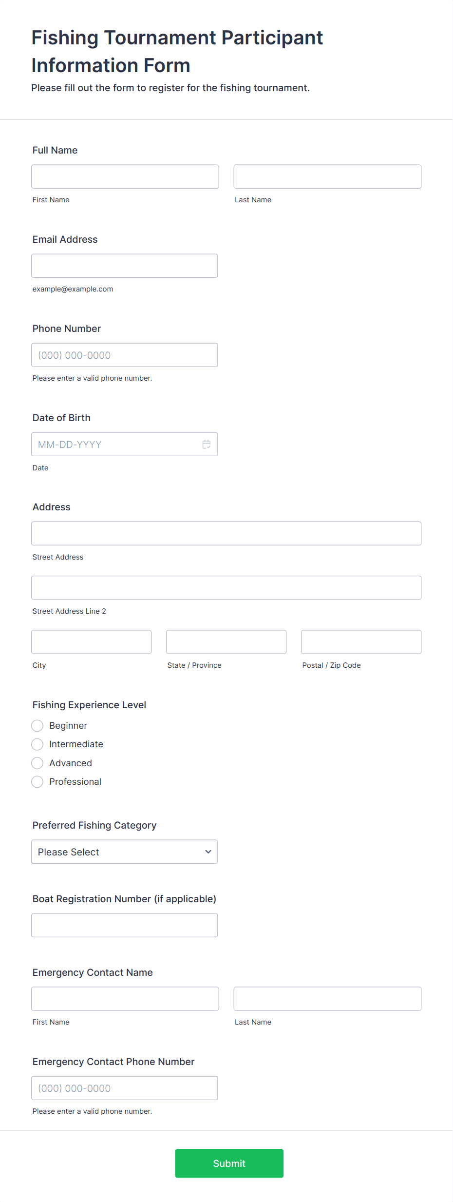 Fishing Tournament Participant Information Form Template | Jotform