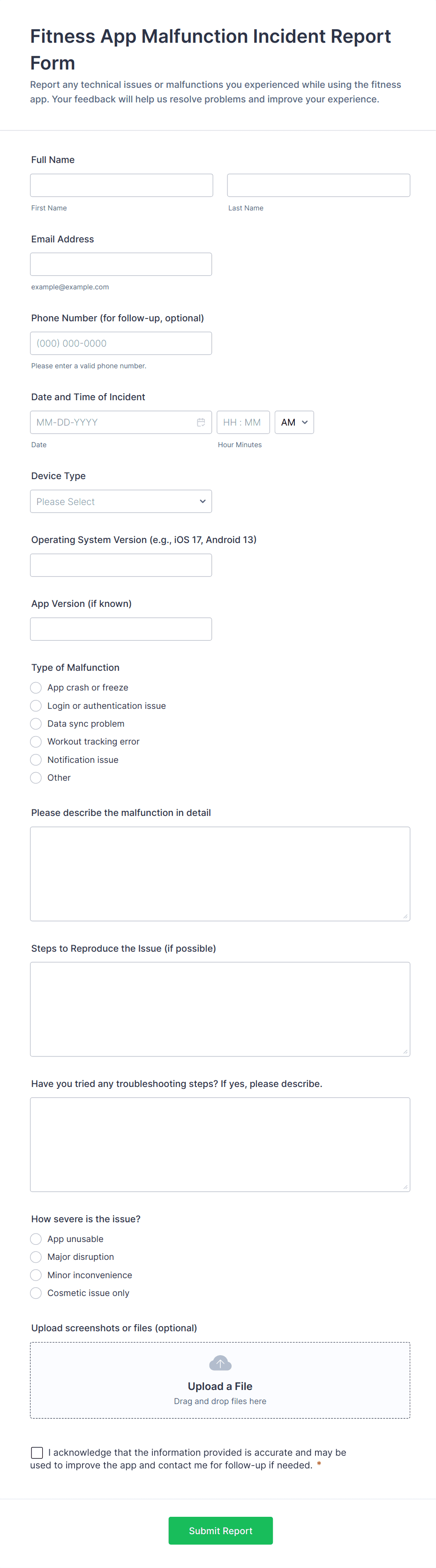 Fitness App Malfunction Incident Report Form Form Template | Jotform