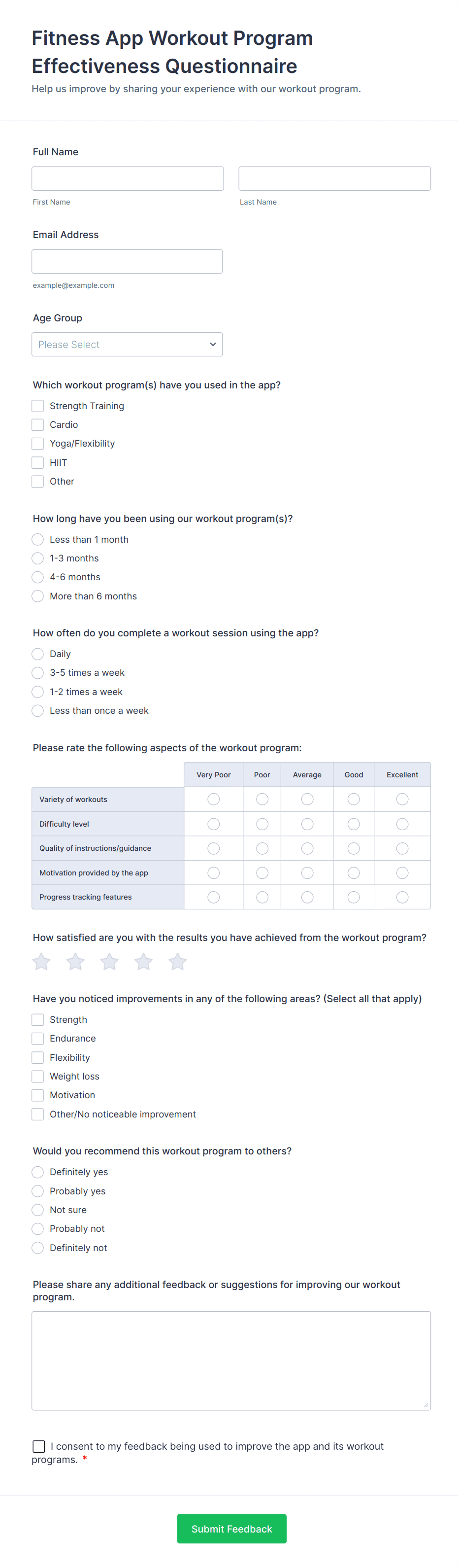 Fitness App Workout Program Effectiveness Questionnaire Form Template ...