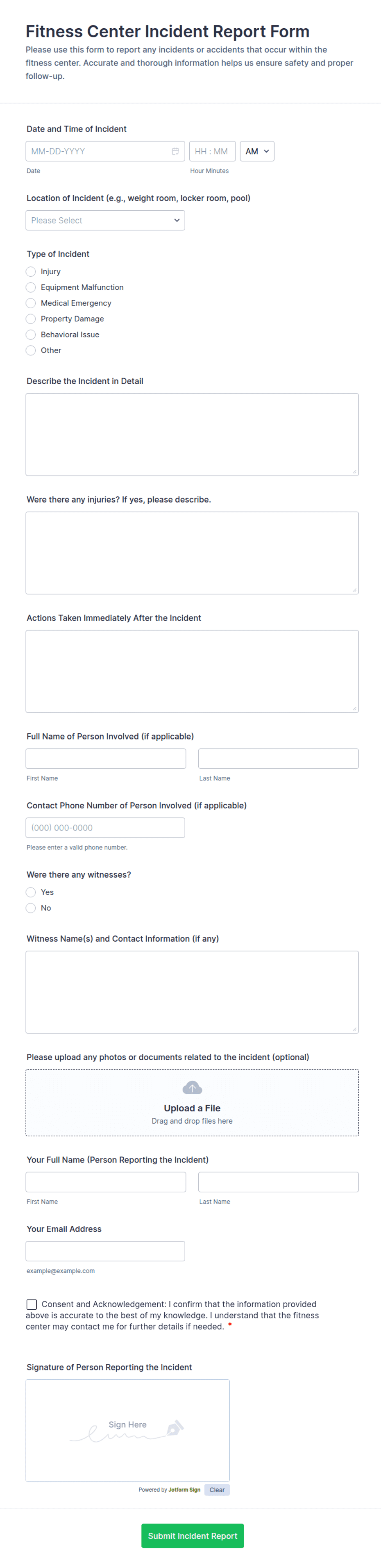 Fitness Center Incident Report Form Template | Jotform