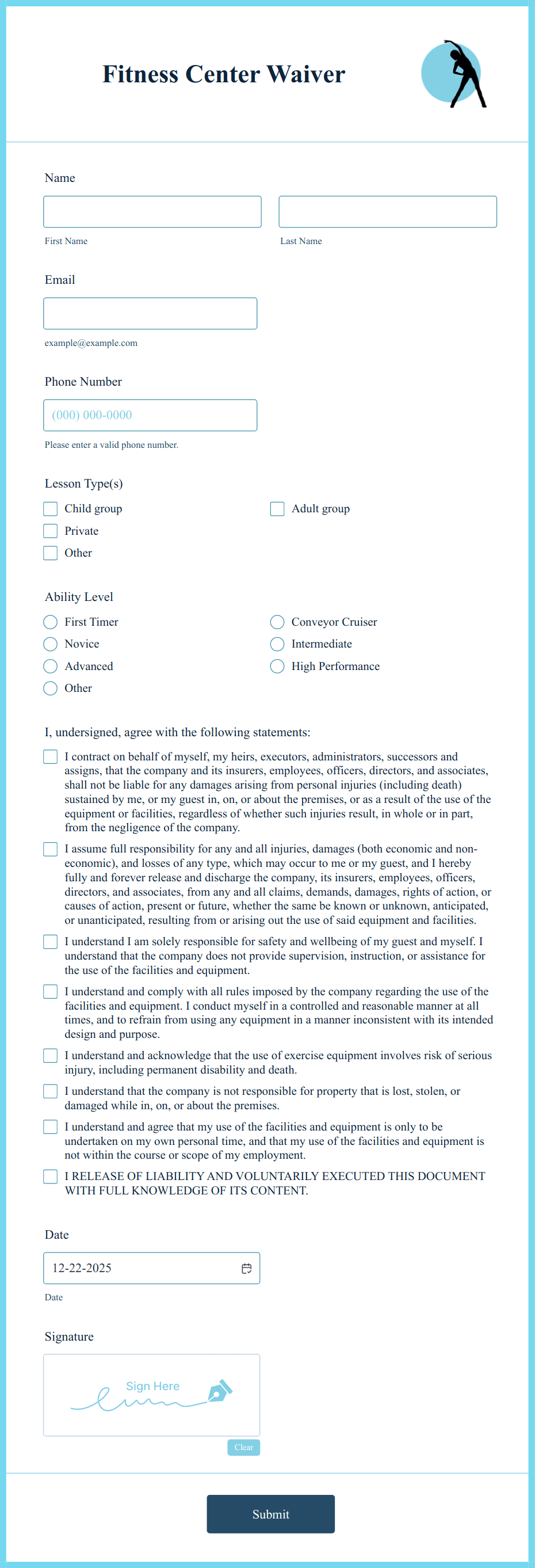 Fitness Center Waiver Form Template | Jotform
