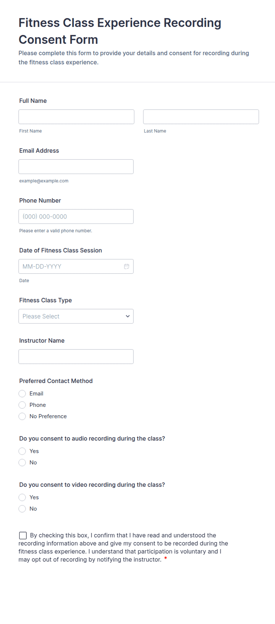 Fitness Class Experience Recording Consent Form Template | Jotform